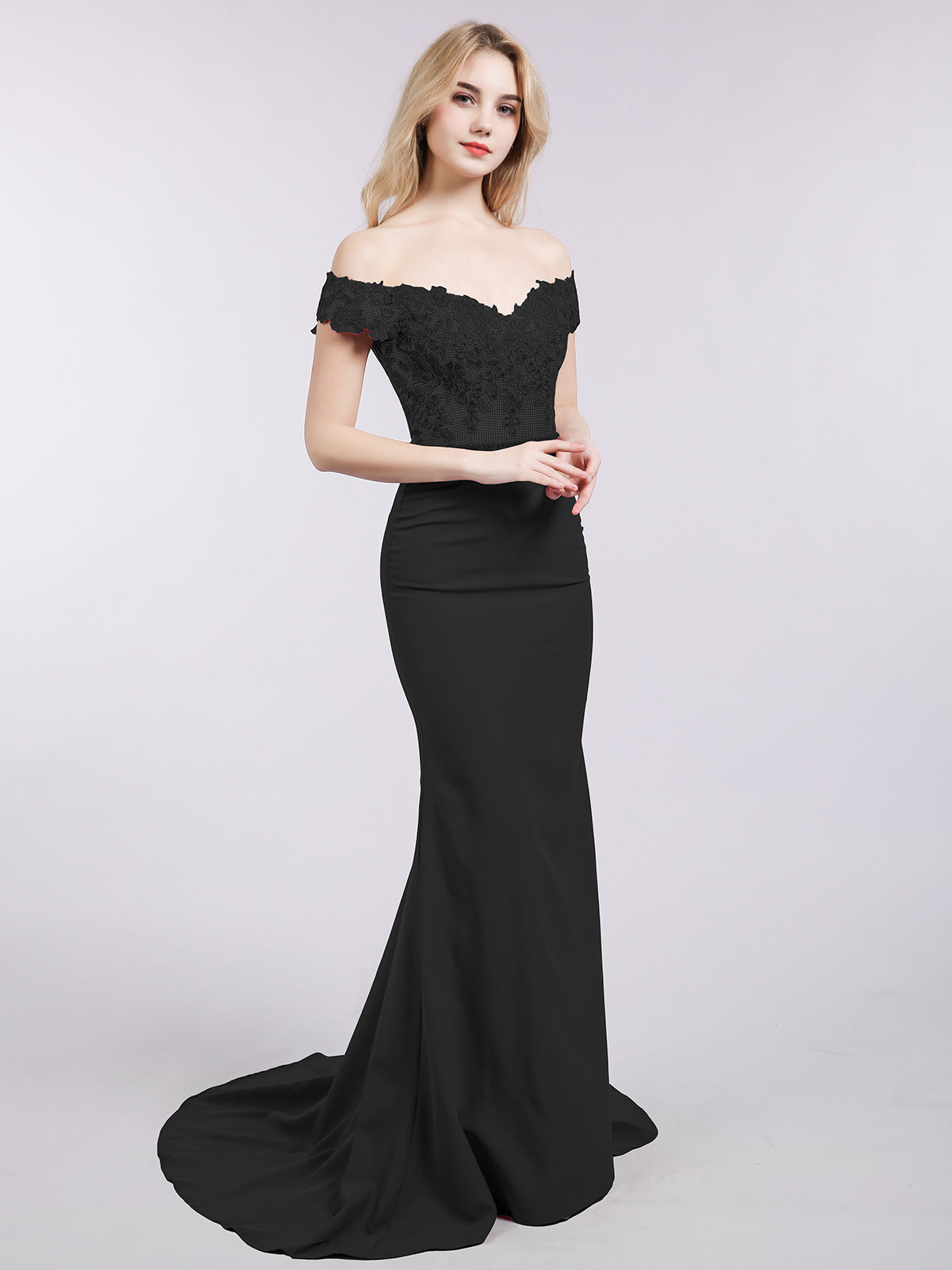 Off-The-Schulter Meerjungfrau-Linie Kleid mit Schleppe Schwarz Nora ...