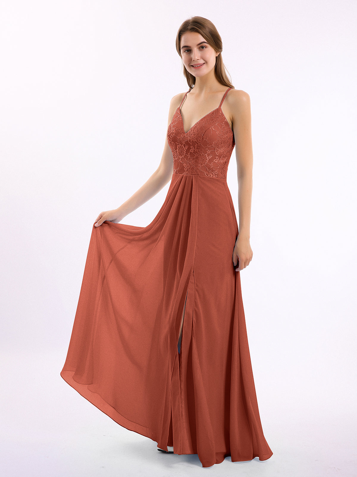 Spitze Mieder Chiffon Kleid mit Schlitz Rost |BABARONI – BABARONI DE